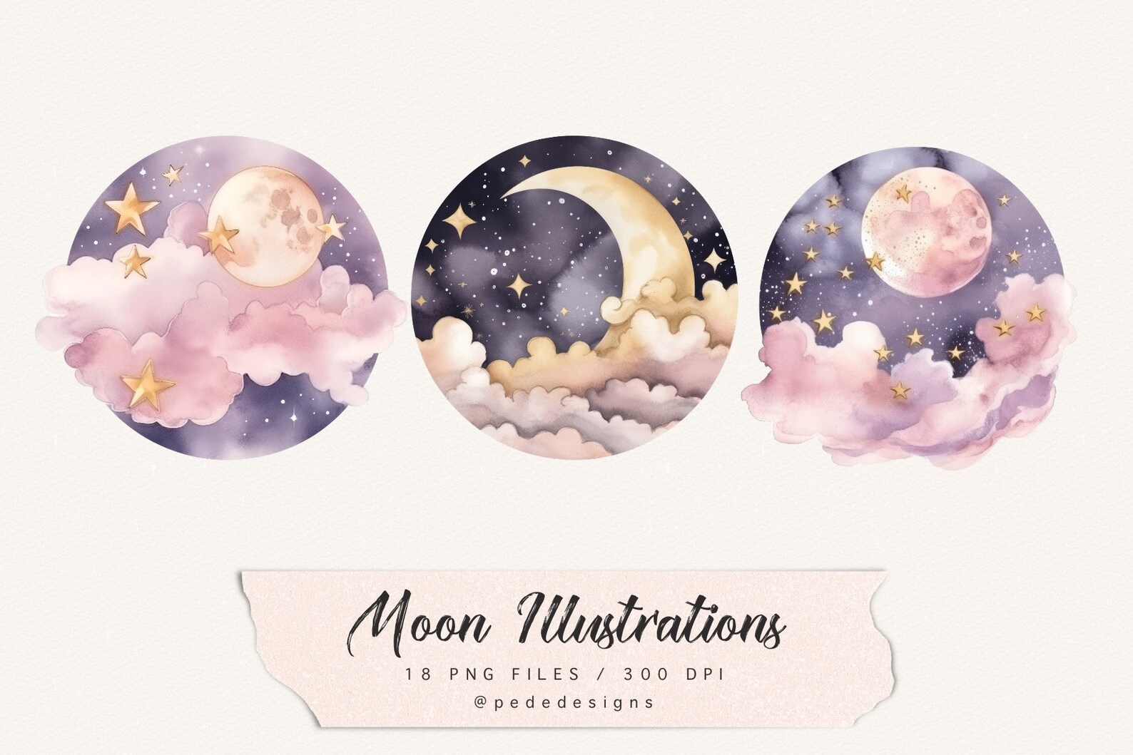 Watercolor Moon Illustrations, Pink Moon Clipart, Night Sky, Moon ...