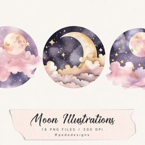 Watercolor Moon Illustrations, Pink Moon Clipart, Night Sky, Moon ...
