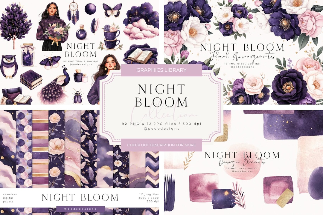 Night Bloom Collection, Clipart Library, Watercolor Illustrations ...