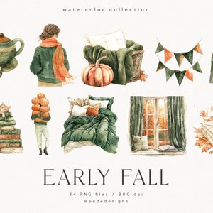 Early Fall Clip Art Set, Watercolor Cozy Autumn Clipart, Fall Stickers ...