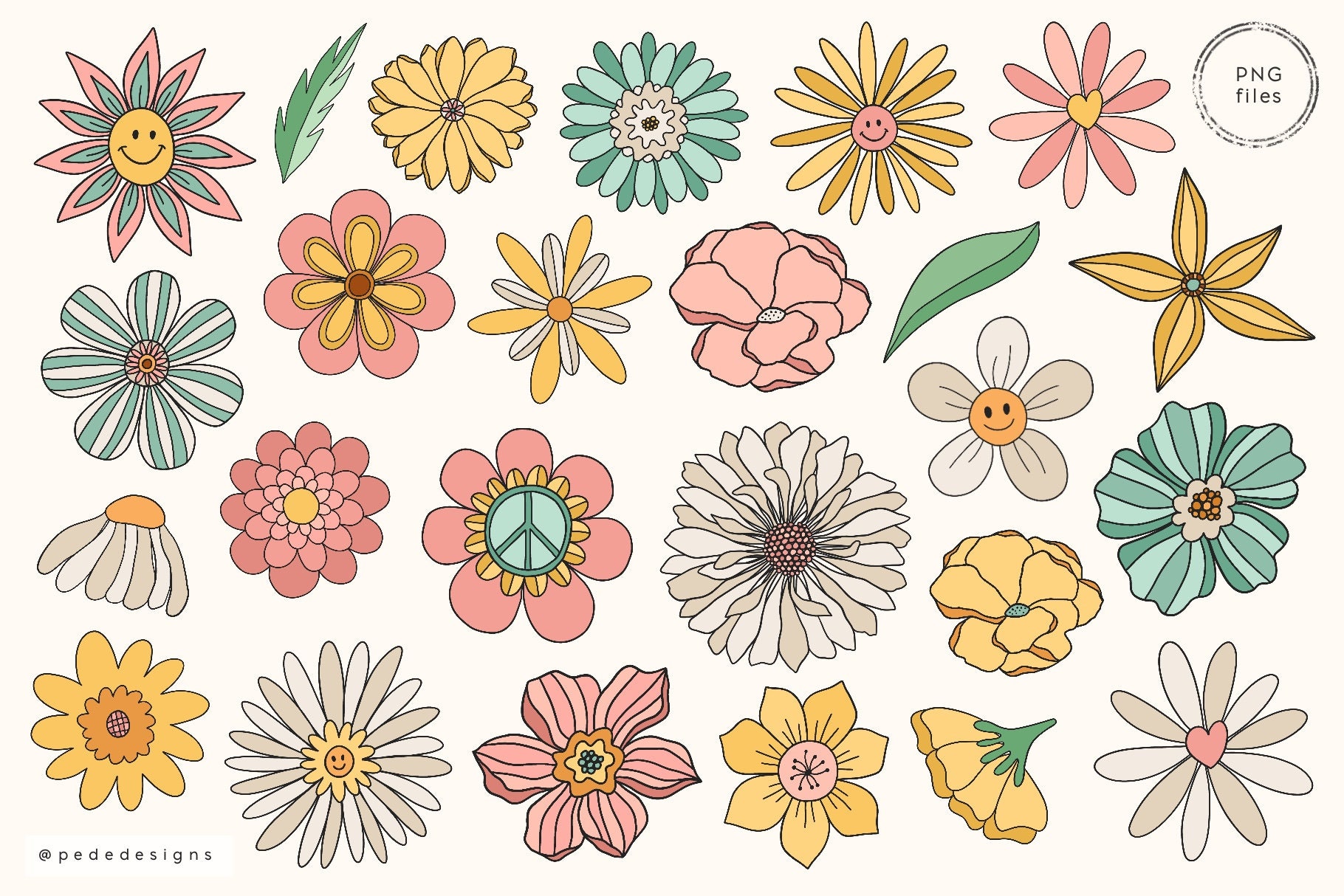 Groovy Flowers & Leaves Retro Clip Art Happy Face Hippie - Etsy