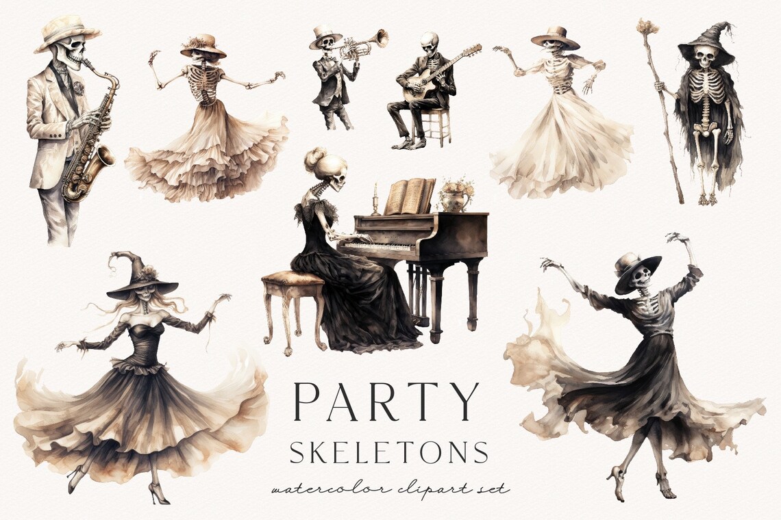 Party Skeletons Clipart, Watercolor Halloween Clipart, Spooky Clipart ...