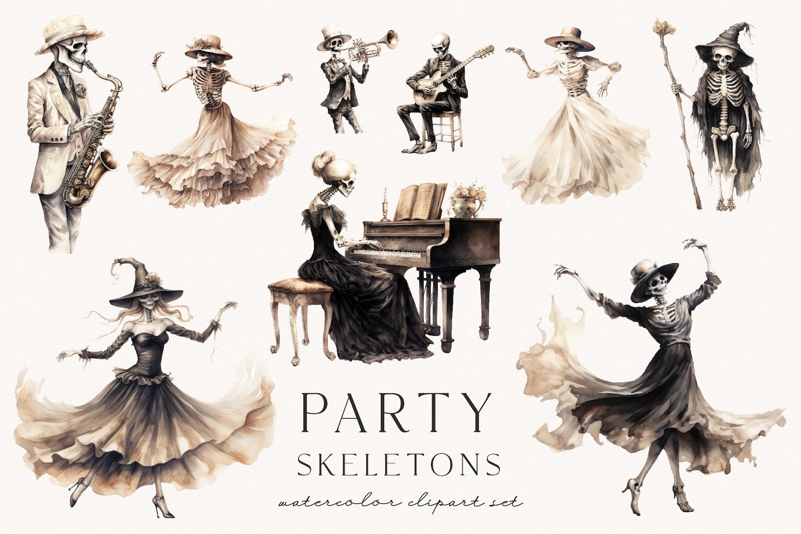 Party Skeletons Clipart, Watercolor Halloween Clipart, Spooky Clipart ...