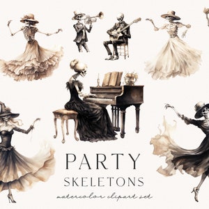 Party Skeletons Clipart, Watercolor Halloween Clipart, Spooky Clipart ...