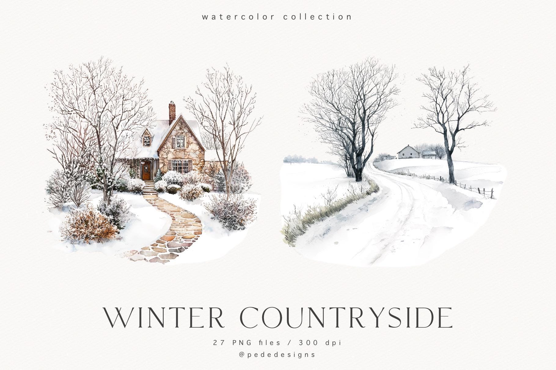 Winter Countryside Landscapes, Watercolor Winter Clipart, Cottages ...