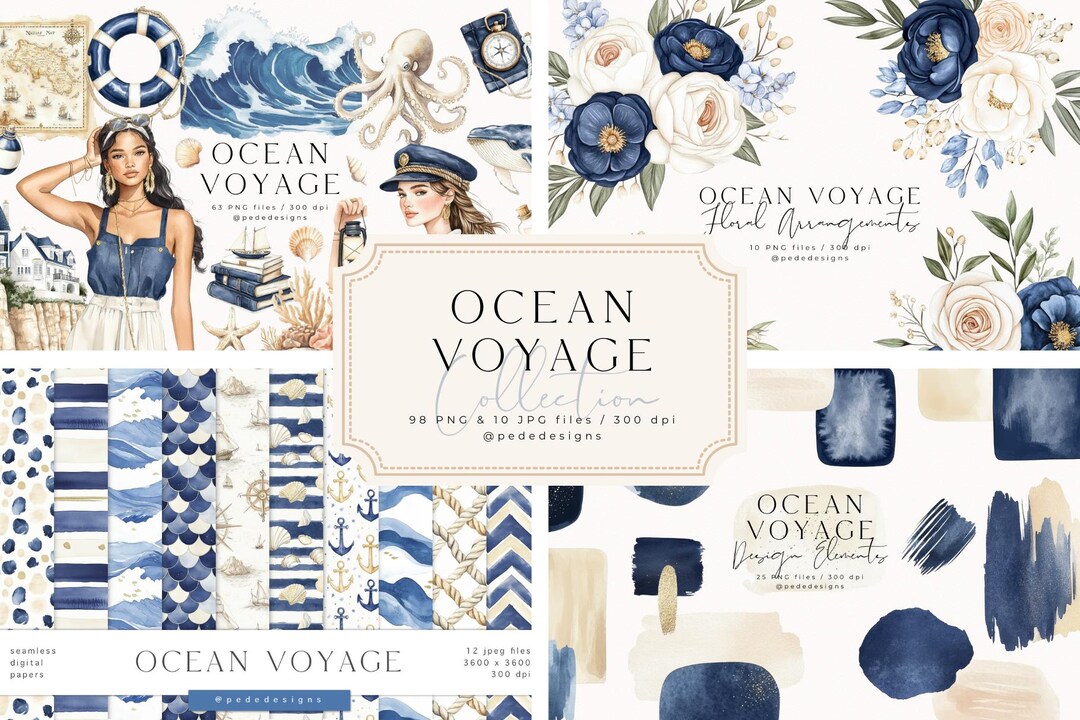 Ocean Voyage Collection, Watercolor Clipart, Nautical Png, Coastal ...