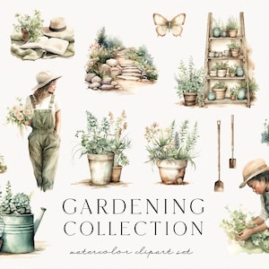 Gardening Collection, Watercolor Garden Plants, Spring Garden Graphics ...