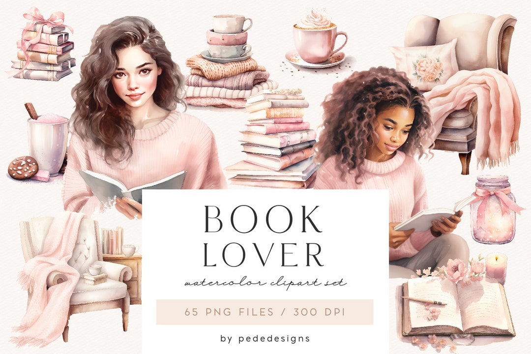 Book Lover Clipart, Watercolor Cozy Clipart, Pretty Girl Clipart ...