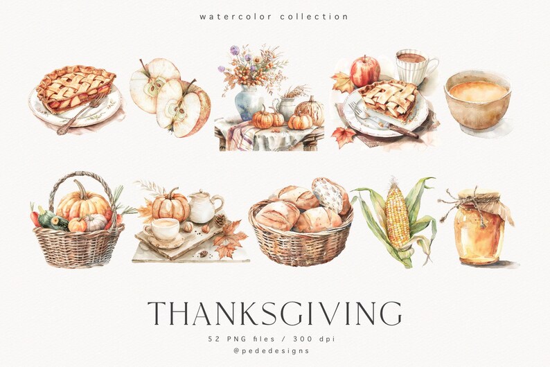 Thanksgiving Clip Art Set, Watercolor Fall Clipart, Food Graphics ...