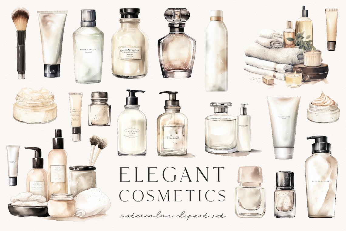 Elegant Cosmetics Clipart, Watercolor Self Care Clipart, Spa Day ...