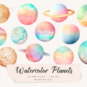 Watercolor Planet Clip Art, Planets Clipart, Solar System, Earth, Moon ...