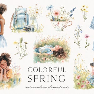 Colorful Spring Collection, Spring Time, Watercolor Girl Clipart ...