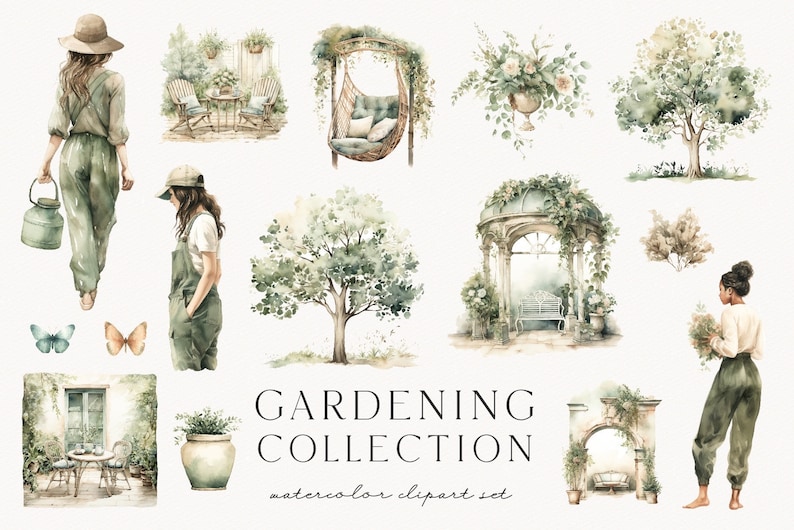 Gardening Collection, Watercolor Garden Plants, Spring Garden Graphics ...