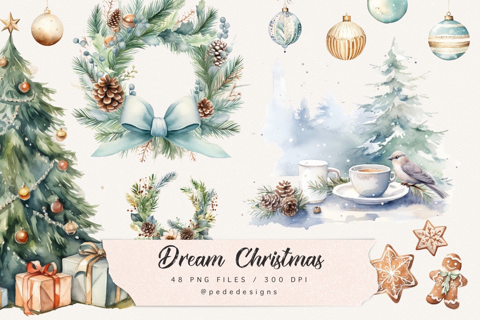 Watercolor Christmas Clipart: Winter PNG Graphics, Santa, Ornaments ...