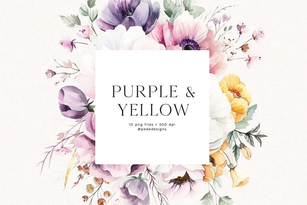 Purple & Yellow, Watercolor Flowers, Bright Floral Clipart, Premade ...