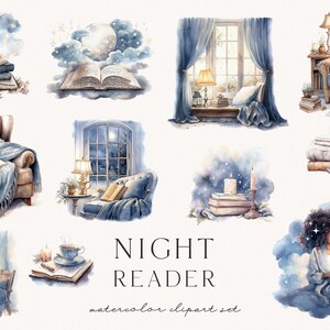 Night Reader, Watercolor Books Clipart, Moon and Stars, Night Reading ...