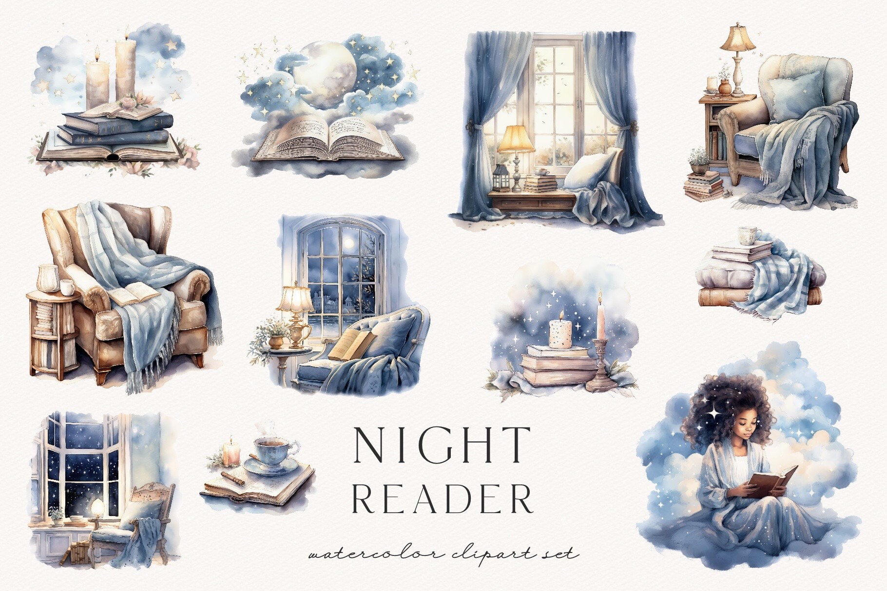 Night Reader, Watercolor Books Clipart, Moon and Stars, Night Reading ...