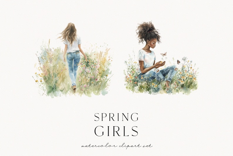 Spring Girls Clipart, Watercolor Girl Graphics, Watercolor Spring, Girl ...