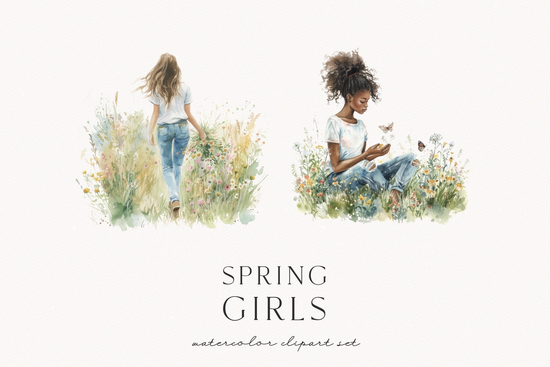 Spring Girls Clipart, Watercolor Girl Graphics, Watercolor Spring, Girl ...