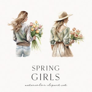 Spring Girls Clipart, Watercolor Girl Graphics, Watercolor Spring ...
