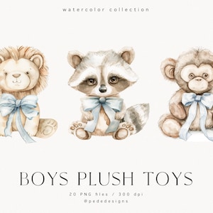 Boys Plush Toys Clip Art Set, Vintage Watercolor Clipart, Plush Animals ...
