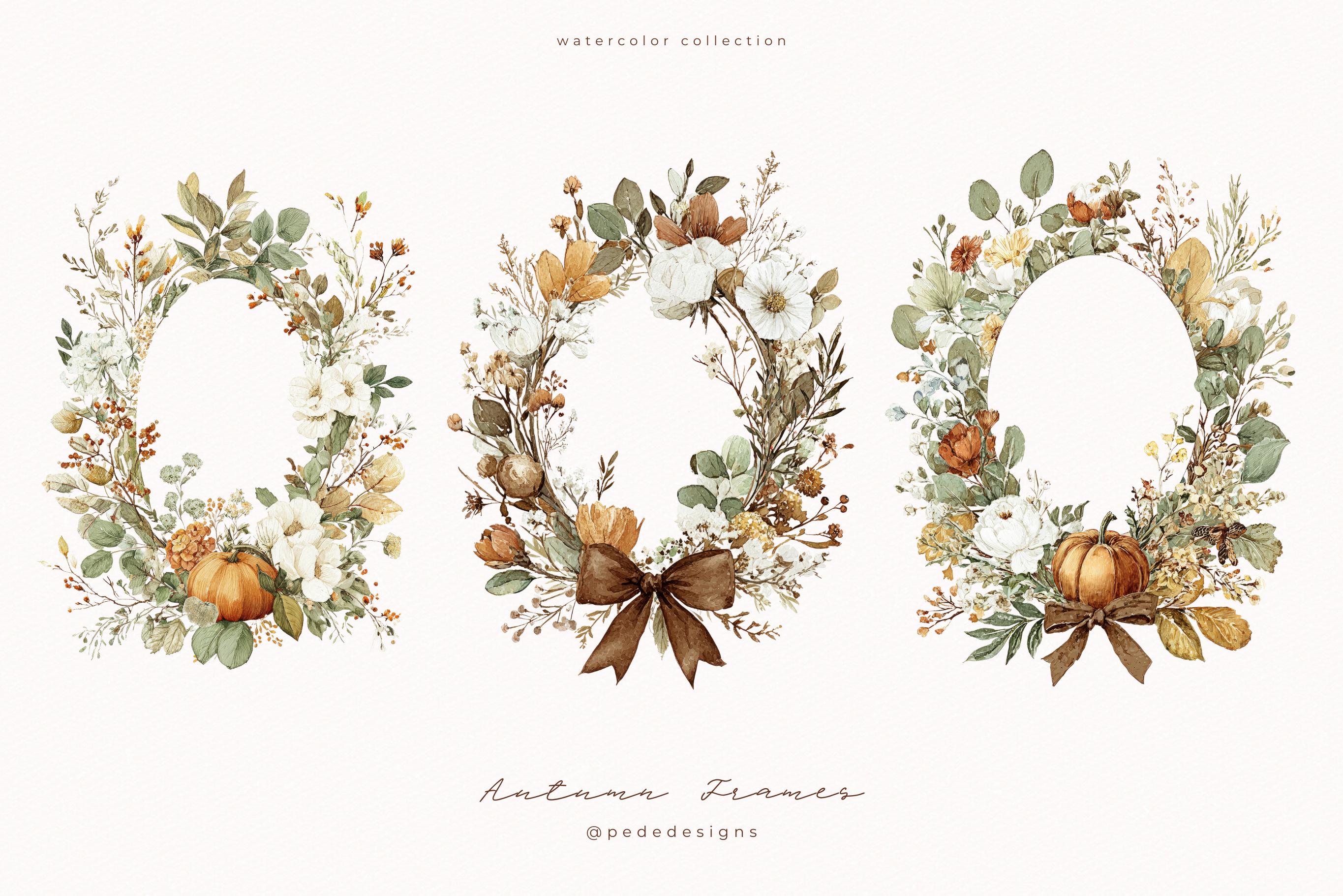Watercolor Autumn Frames Clipart: Fall Flower Wreaths Graphics (digital ...
