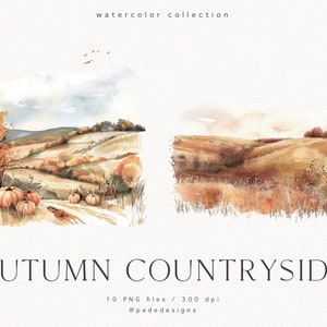 Autumn Countryside Clip Art Set, Watercolor Landscape, Watercolor Fall ...