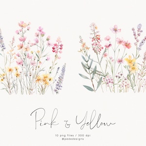 Pink & Yellow, Watercolor Meadow Clipart, Watercolor Wild Floral ...