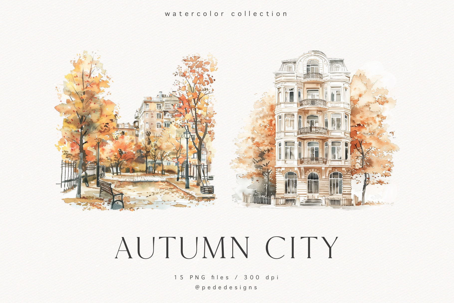 Autumn City Clip Art Set, Autumn Town, Watercolor Fall Scenery, Autumn ...