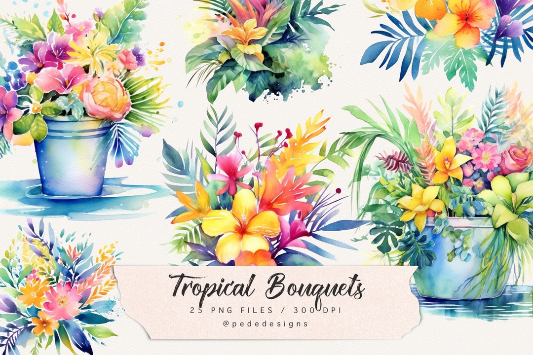 Tropical Bouquets, Watercolor Clip Art, Exotic Clipart, Tropical Plants ...