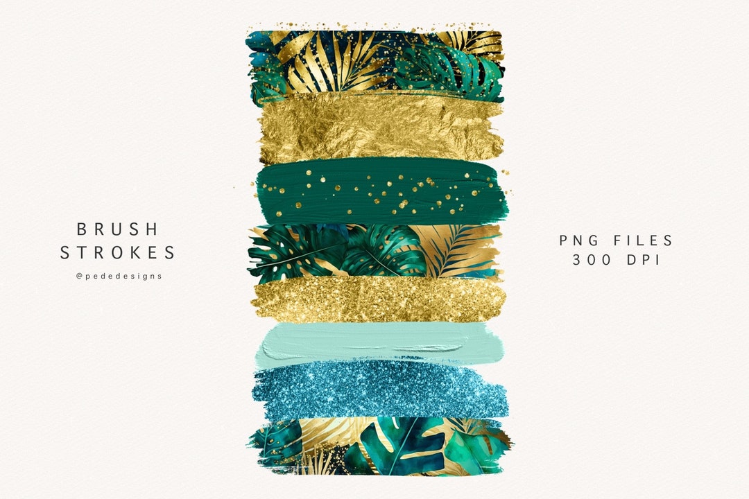 Brush Strokes Clipart, Tropical, Green, Gold Foil, Blue Glitter ...