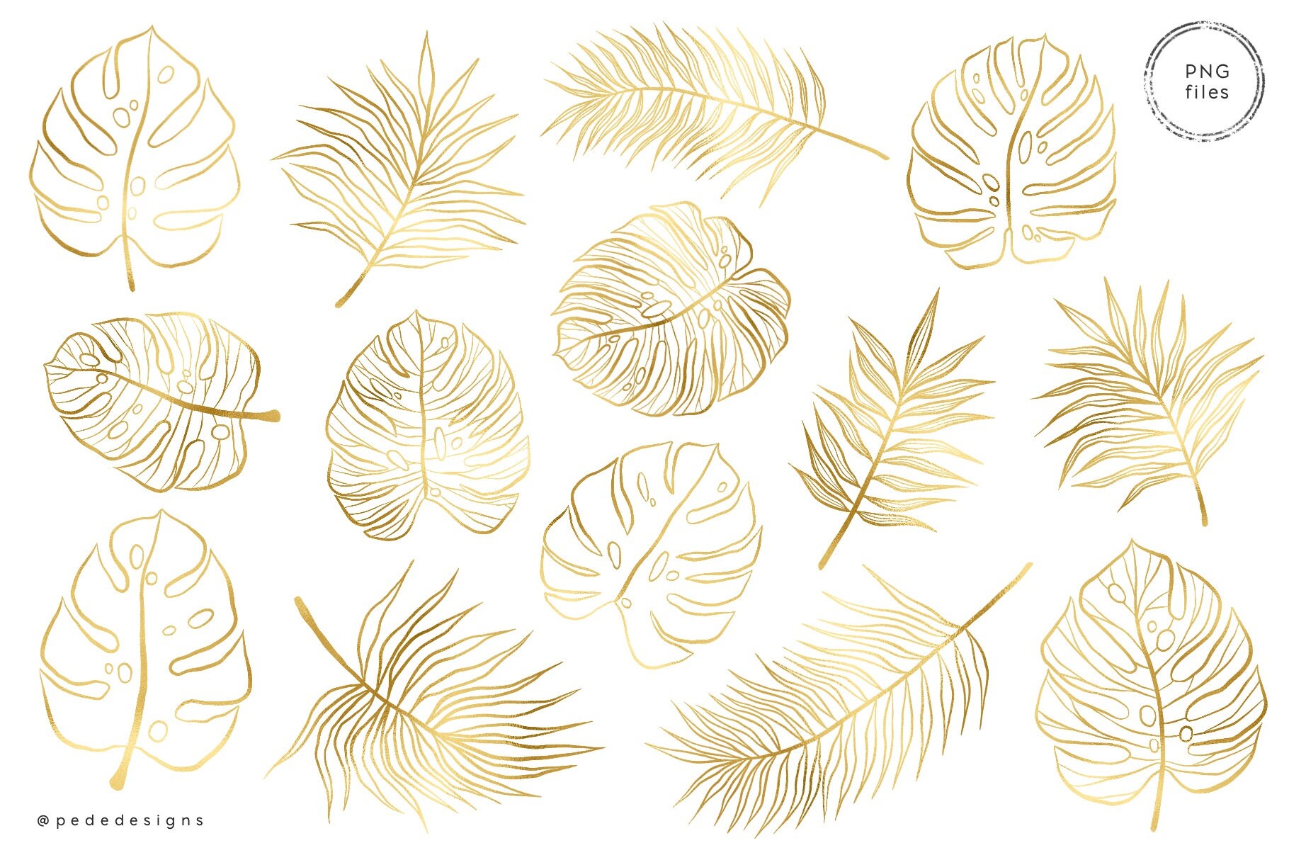 Gold Tropical Leaves Clip Art, Botanical, Monstera, Gold Foil, Hand ...