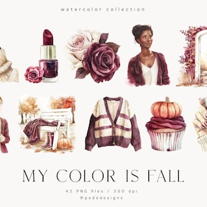 My Color is Fall Clip Art Set, Watercolor Autumn Clipart, Burgundy ...