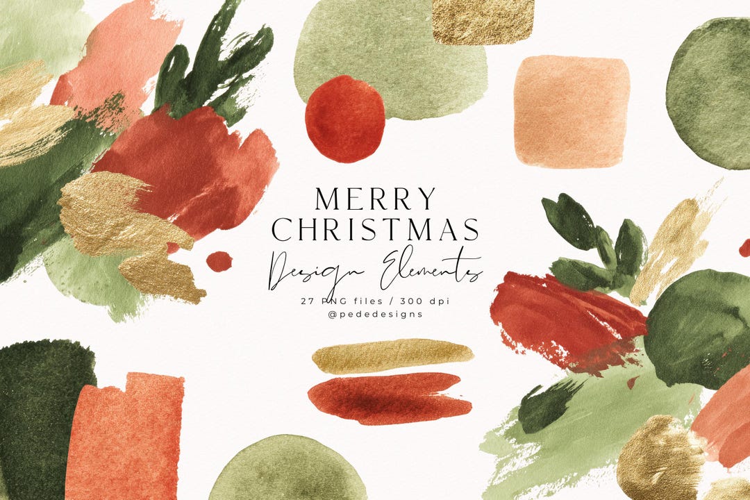 Christmas Watercolor Clipart: Green, Red & Gold Brush Strokes (PNG ...