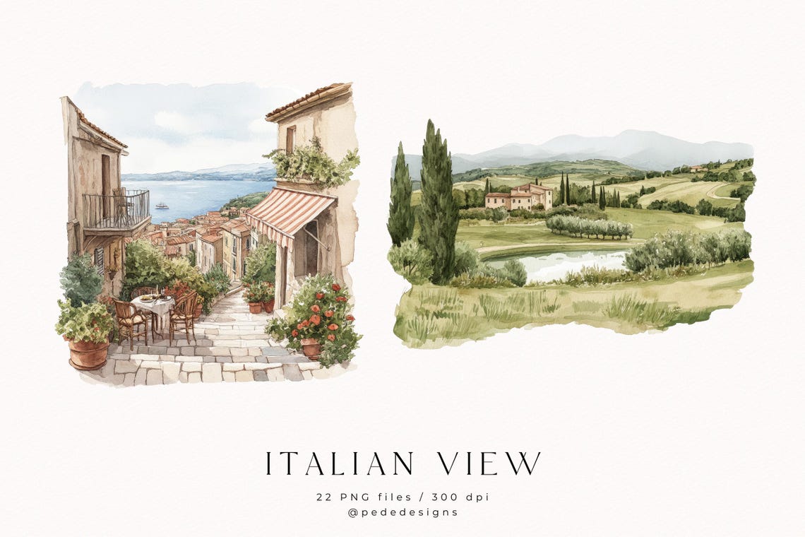 Watercolor Italian Coastal Clipart: Summer Travel Landscape (PNG ...