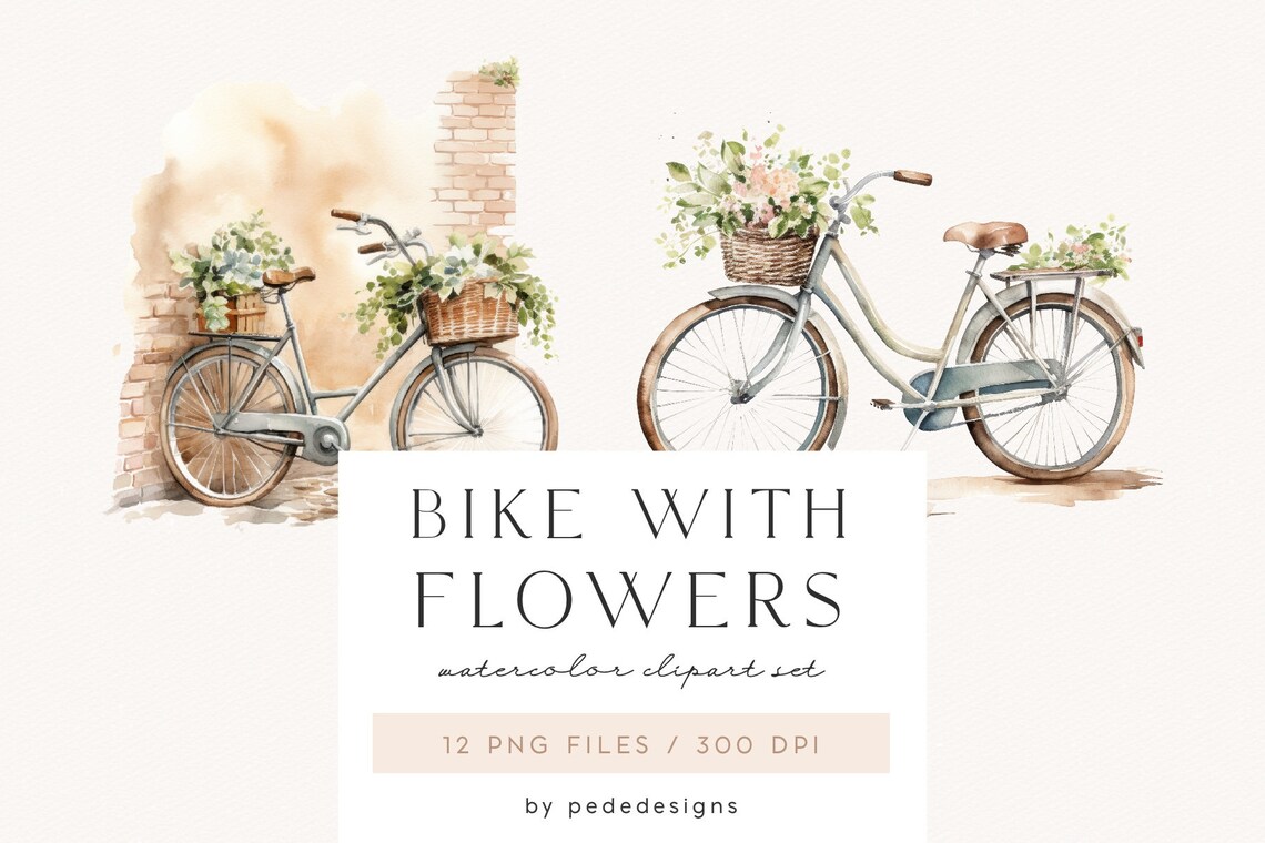 Bike With Flowers, Watercolor Clipart, Watercolor Spring, Wedding ...