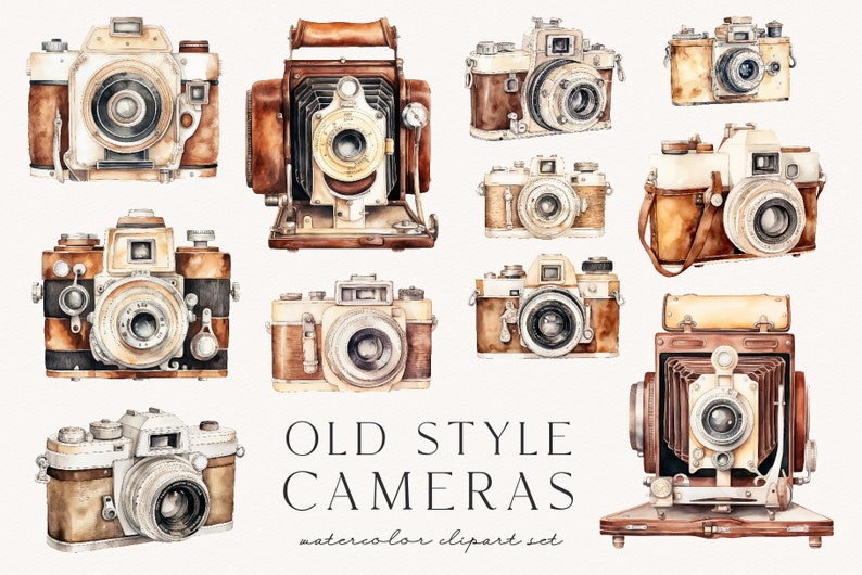 Old Style Cameras, Retro Cameras Clipart, Vintage Watercolor, Vintage ...