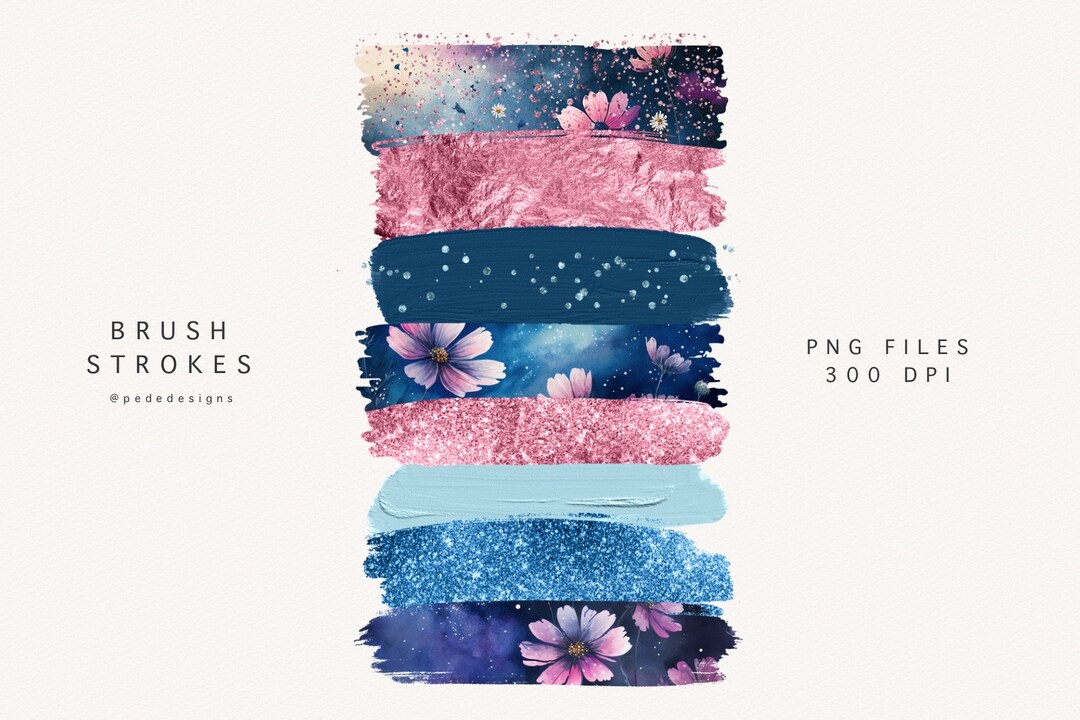 Brush Strokes Clipart, Galaxy, Floral, Pink Rose Foil, Blue Glitter ...
