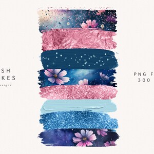 Brush Strokes Clipart, Galaxy, Floral, Pink Rose Foil, Blue Glitter ...