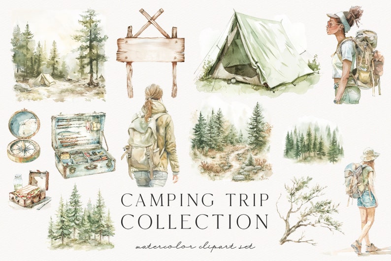 Camping Trip Collection, Watercolor Clipart, Fishing Png, Travel Png ...