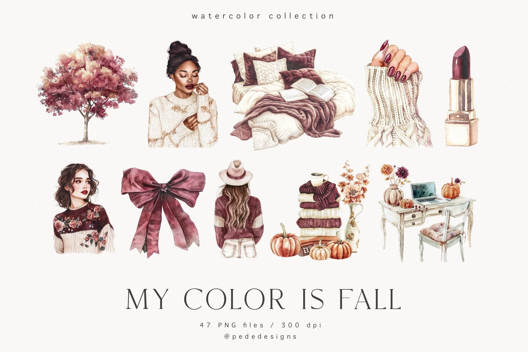 My Color is Fall Clip Art Set, Watercolor Autumn Clipart, Self Care ...