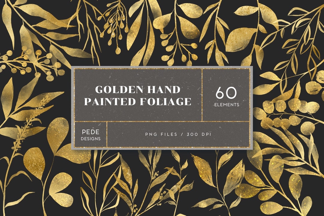 Gold Watercolor Foliage, Gold Clip Art, Glitter Leaves, Golden Leaves ...