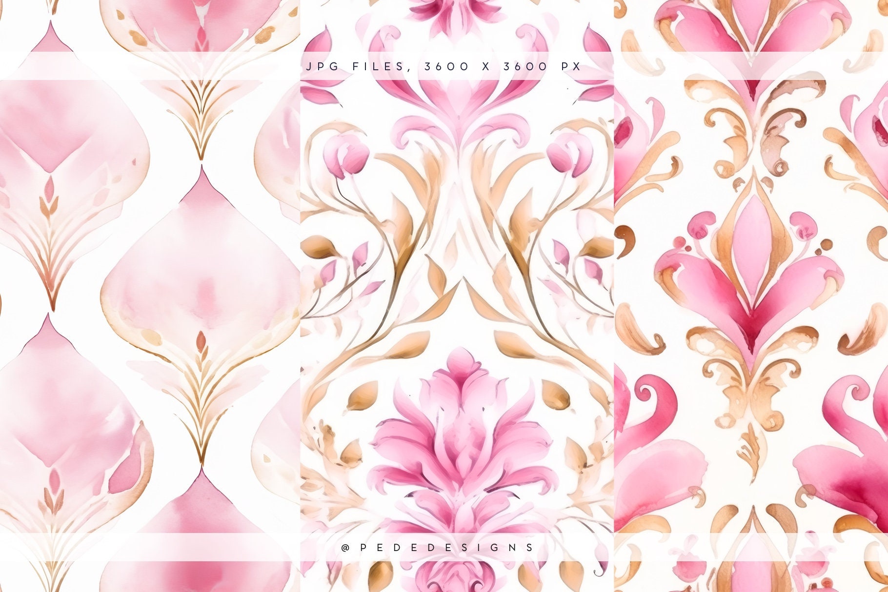 Pink & Gold Royal Digital Paper Pack, Watercolor Seamless Papers ...