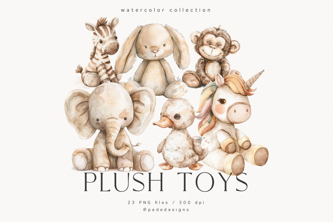Watercolor Plush Animal Clipart Set: Nursery PNG Graphics (digital ...