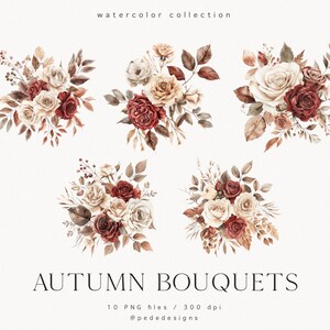 Autumn Bouquets Clip Art Set, Watercolor Flowers, Red Roses, Planner ...