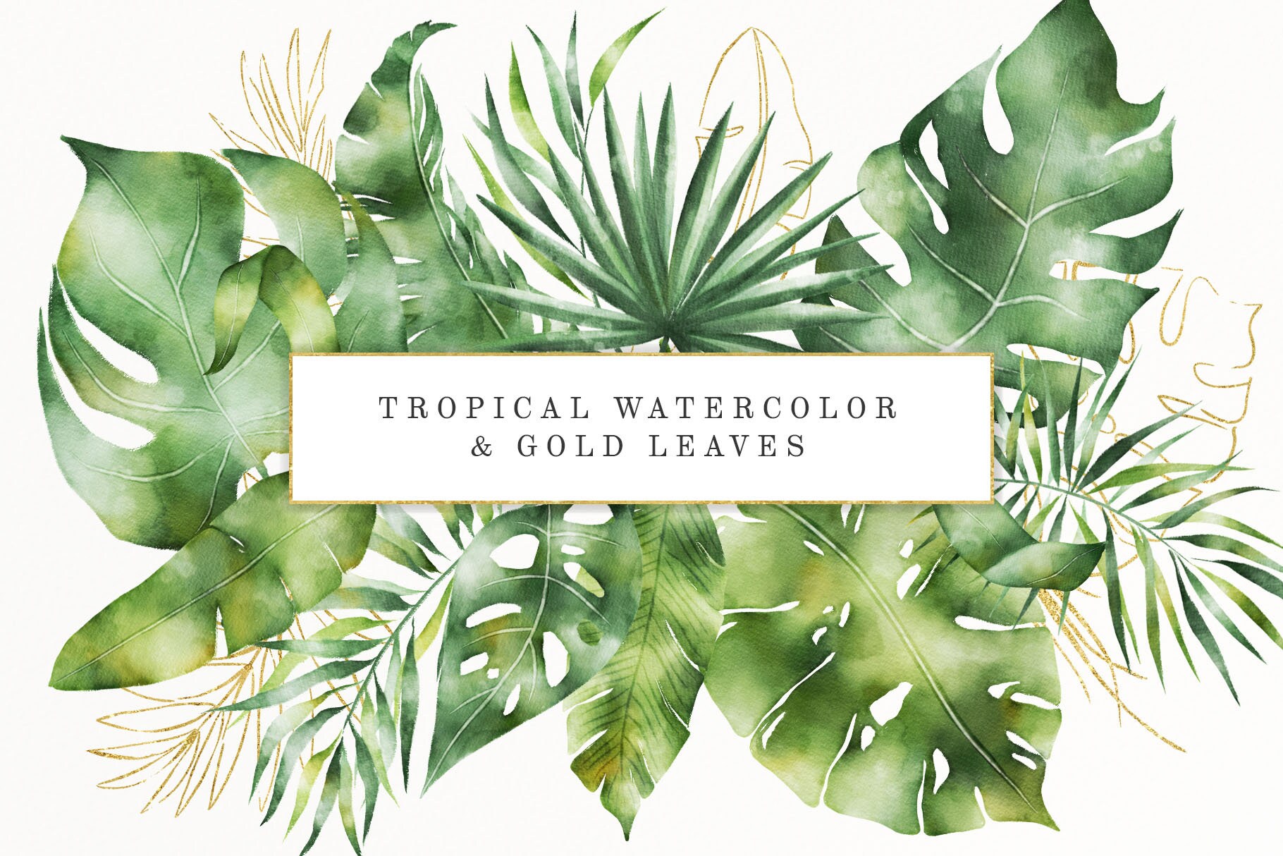 Tropical Watercolor & Gold Leaves, Watercolor Clip Art, Exotic Cliparts ...