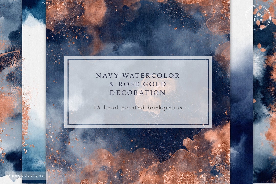 Navy Blue Watercolor Textures With Rose Gold, Watercolor Digital Paper ...