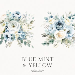 Blue Mint Floral Clipart: Watercolor Bouquet & Frame Set (PNG Download ...