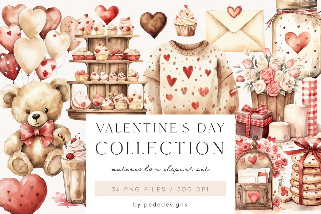 Watercolor Valentine's Day Clipart, Watercolor Romantic Clipart, Red ...