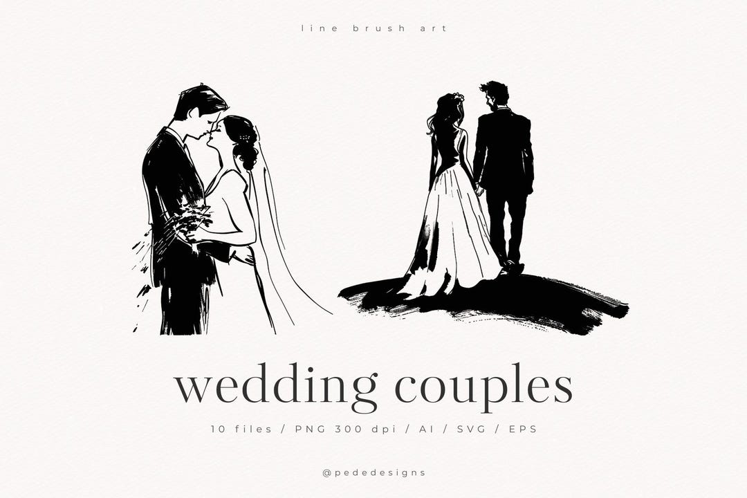 Line Brush Art, Wedding Couples Clipart, Love Png Graphics, Line Art of ...